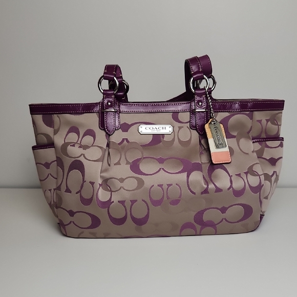 Coach | Bags | Coach Purple And Tan Tote With Signature Monogram | Poshmark